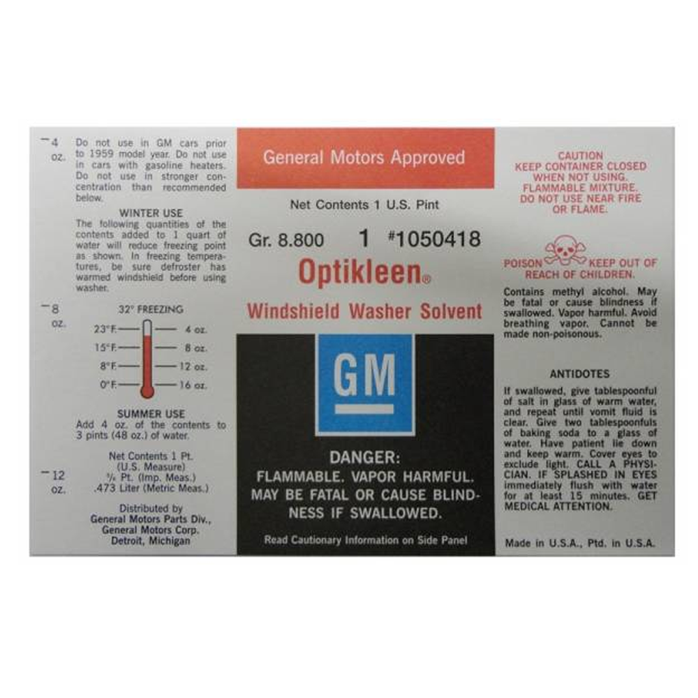 1961 Buick Restoration Parts "Optikleen" Windshield Washer Bottle Decal ...
