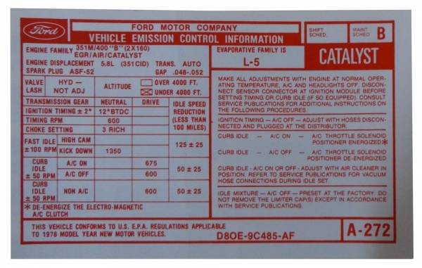 351 Automatic Transmission Emission Decal